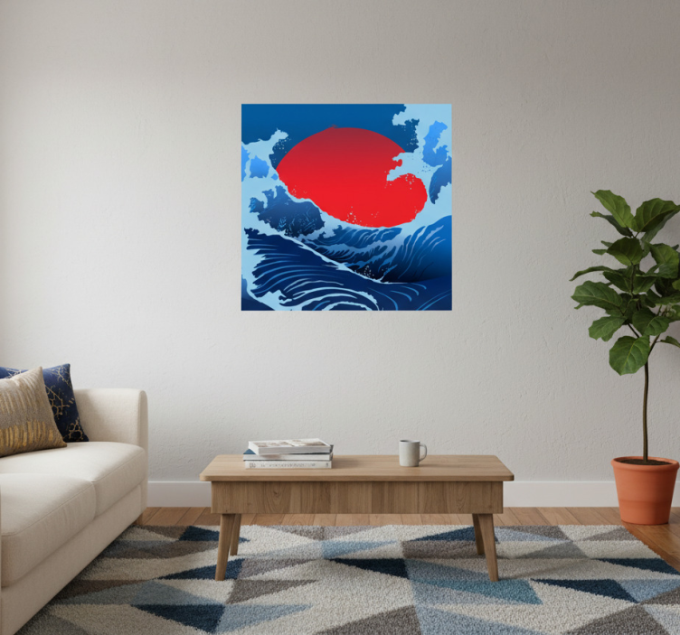 Poster paisaje olas del sol rojo